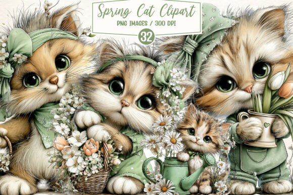 Whimsical Spring Cat Clipart Set Graphic by Breezy.Lane · Creative Fabrica