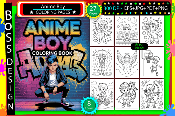 2 Anime Boy Coloring Pages For Kids Designs & Graphics