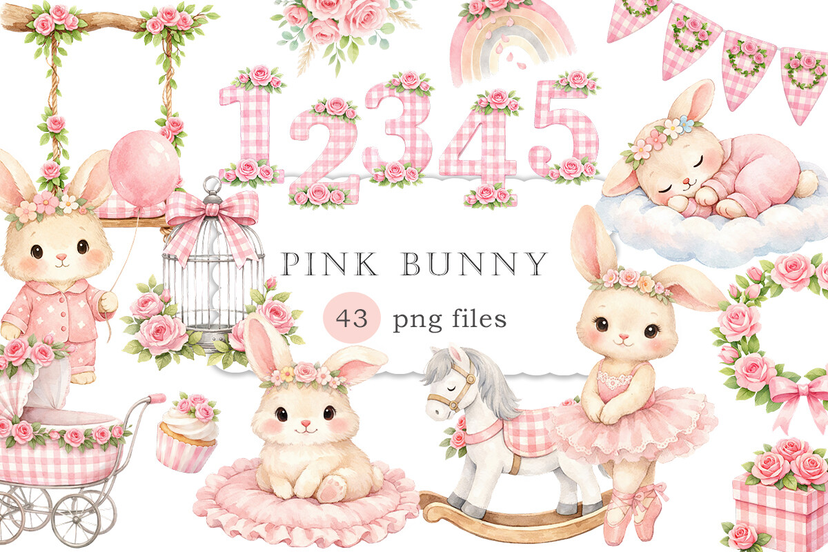 Watercolor Pink Bunny Clip Art Set PNG Graphic by NeuroStoker ...