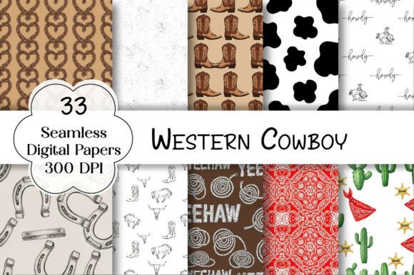 6 Western Cowboy Digital Paper Designs & Graphics