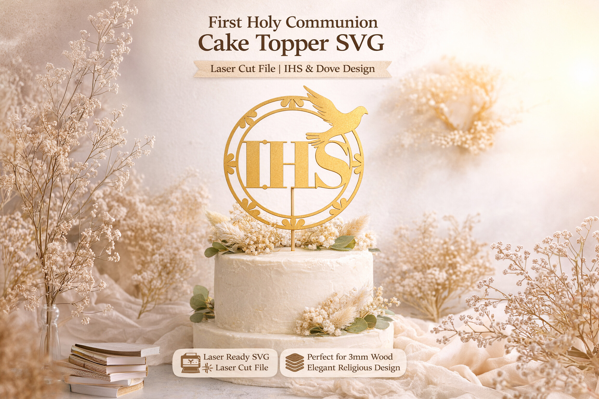 First Communion Cake Topper SVG IHS Dove · Creative Fabrica
