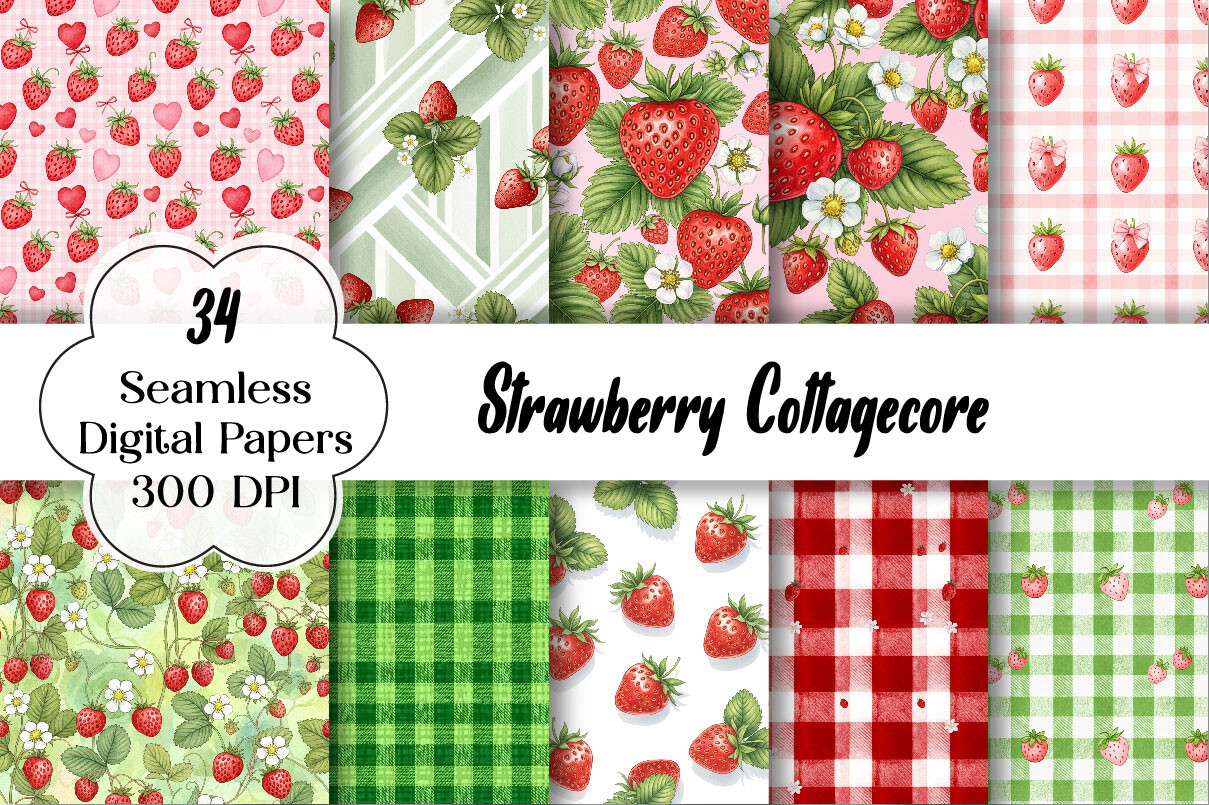 Strawberry Cottagecore Digital Paper Graphic by Bundle · Creative Fabrica