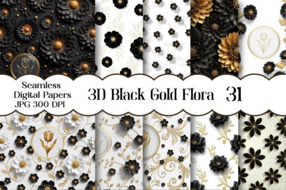 3D Black Gold Floral Digital Paper Graphic by Designstock · Creative ...