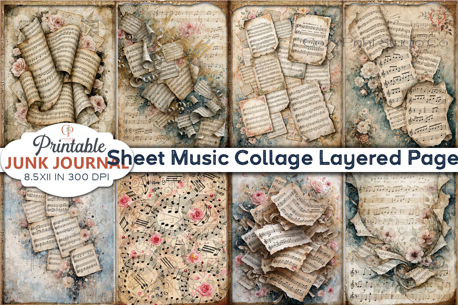 Sheet Music Collage Layered Junk Journal Graphic by CozyPrint Studio Co ...