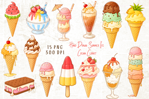 Hand Drawn Summer Ice Cream Clipart PNG Graphic by Yassou Bouhad ...