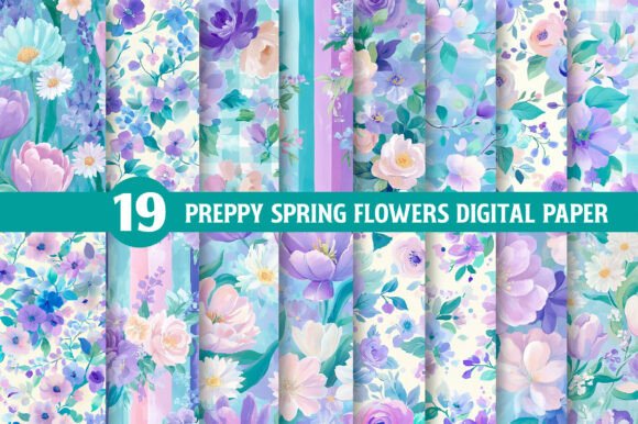 1 Preppy Spring Flowers Digital Paper Designs & Graphics