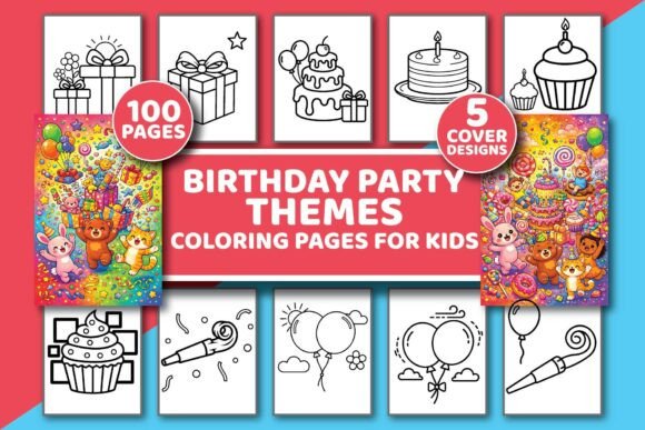 Birthday Party Themes Coloring Pages Set Graphic by Designer Home ...