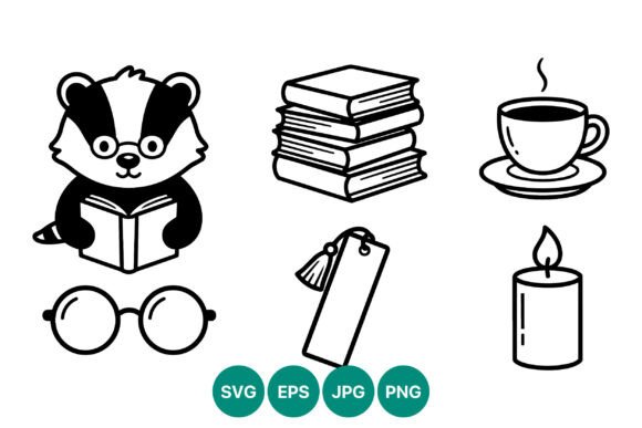 Reading Badger Line Art Set Graphic by DesignVectx · Creative Fabrica