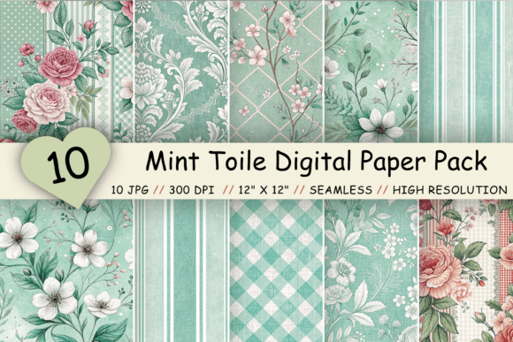 Mint Toile Digital Paper Pack, Vintage Graphic by Florid Printables ...
