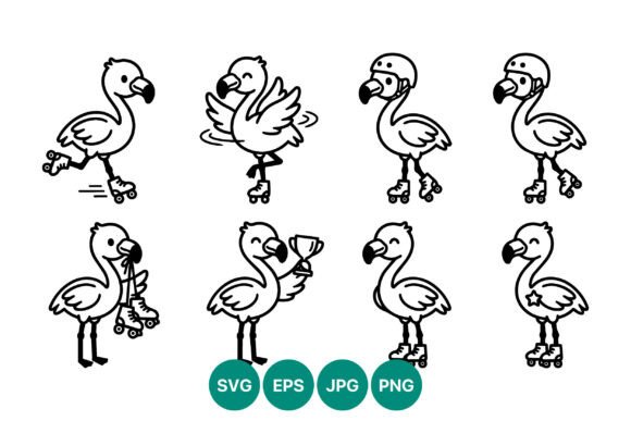 Flamingo Roller Skating Cartoon Line Art Graphic by DesignVectx ...