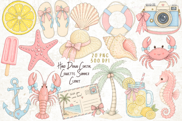 Hand Drawn Coastal Coquette Summer PNG Graphic by Yassou Bouhad ...