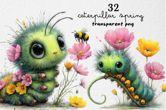 Watercolor Spring Caterpillar Clipart Graphic by Dream Creation ...