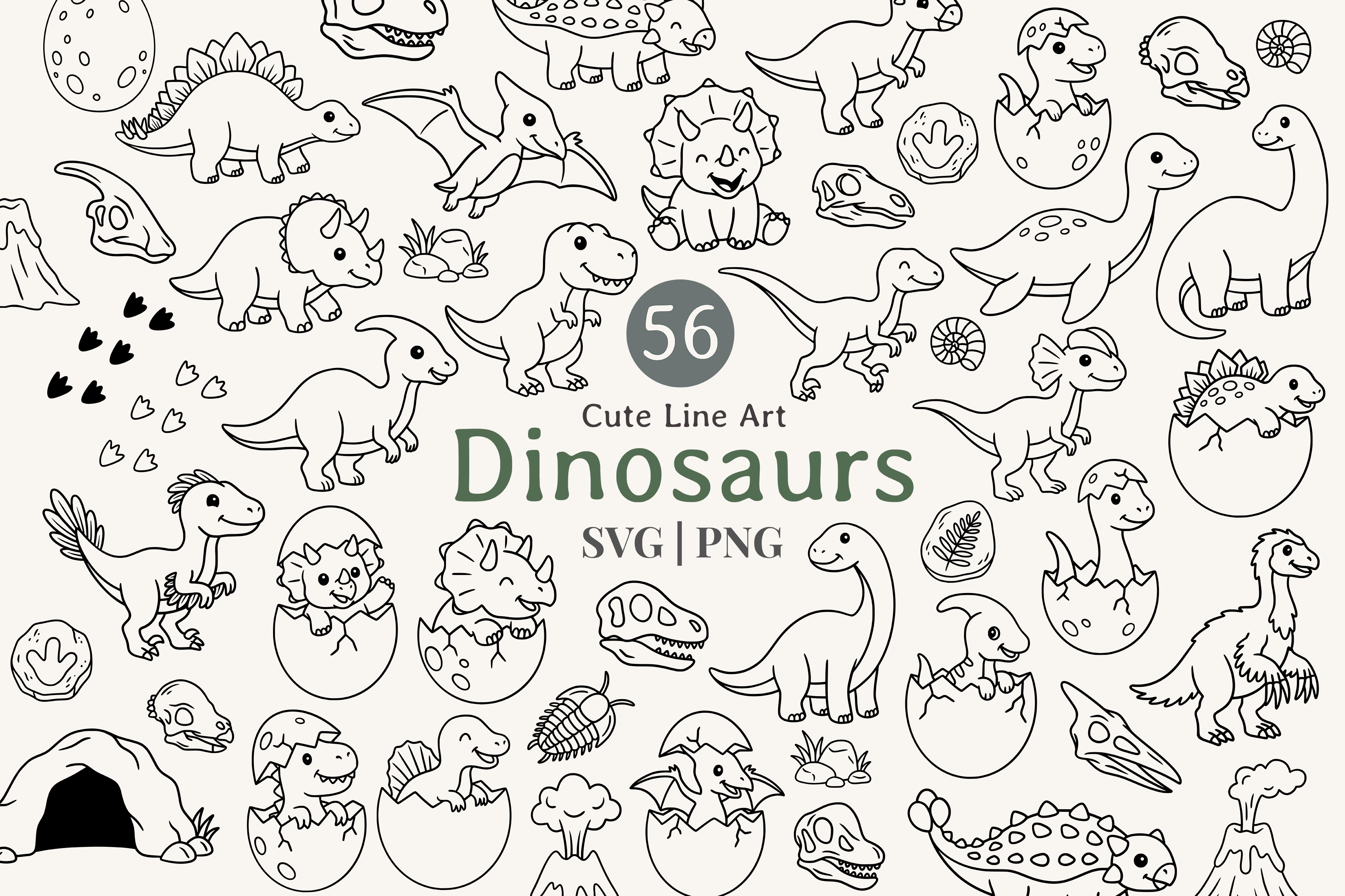 Cute Dinosaur Line Art Clipart Bundle Graphic by Kusumaillustration ...
