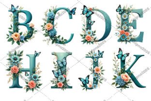 Teal Floral Butterfly Watercolor Alphabe Graphic by PS Digital Art ...
