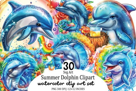 Watercolor Summer Dolphin Clipart . Graphic by SVGArt · Creative Fabrica