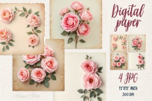 Vintage Pink Roses Digital Papers Set Graphic by Helene's store ...