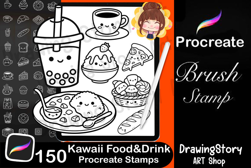 150 Kawaii Food Drink Procreate Stamps Graphic by DrawingStoryArt ...