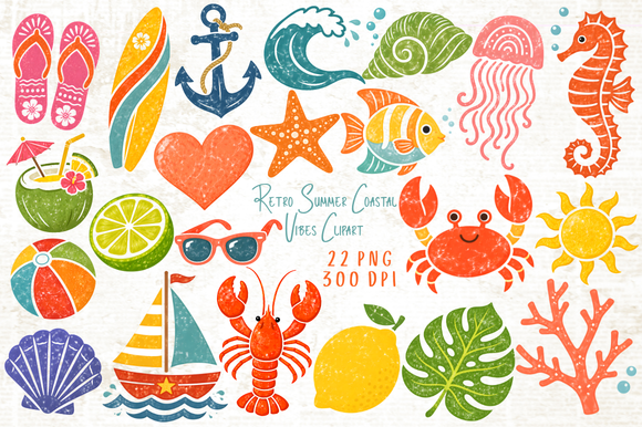 Retro Summer Coastal Vibes Clipart PNG Graphic by Yassou Bouhad ...