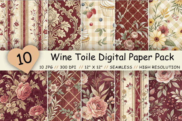 Wine Toile Digital Paper Pack, Vintage Graphic by Florid Printables ...