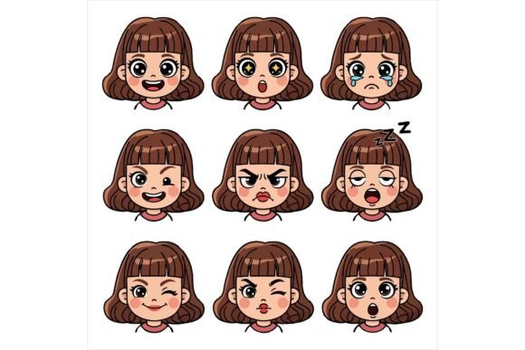 Cartoon Girl Facial Expressions Bundle Graphic by Design BLOOM ...