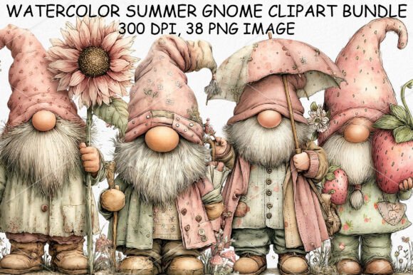 1 Watercolor Summer Gnome Clipart Bundle Designs & Graphics