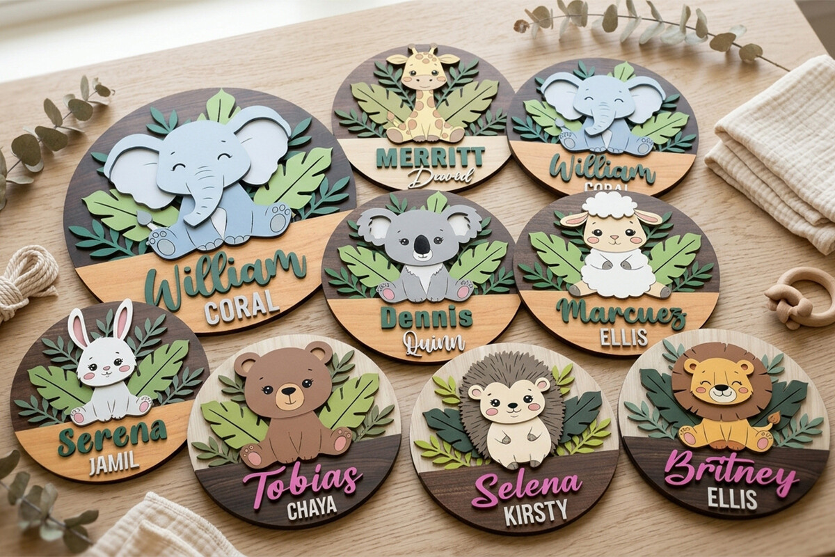 Safari Animal Baby Name Sign Laser Cut · Creative Fabrica