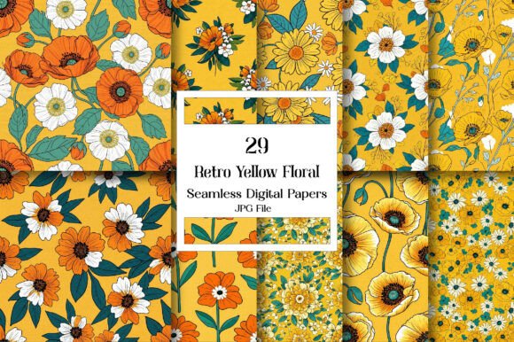 Retro Yellow Floral Digital Paper Graphic by Vintage · Creative Fabrica