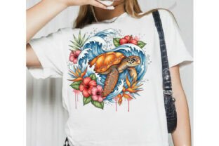 Tropical Sea Turtle Surf Wave Floral PNG Graphic by Vintage Expert ...