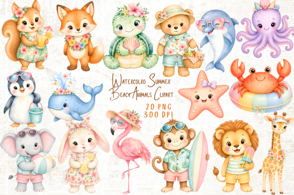 Watercolor Summer Beach Animals Clipart Graphic by Yassou Bouhad ...