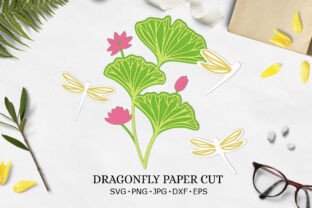 Dragonfly and Water Lilies Paper Cut · Creative Fabrica