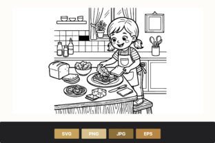 Girl Making Sandwich Black and White Graphic by SVGdesigns · Creative ...