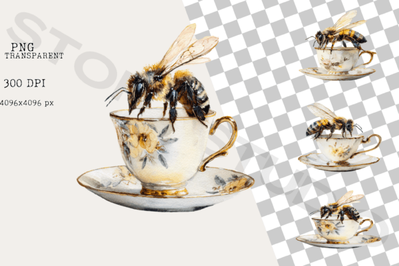 Spring Bees on Vintage Teacups Clipart Graphic by Story Studio ...