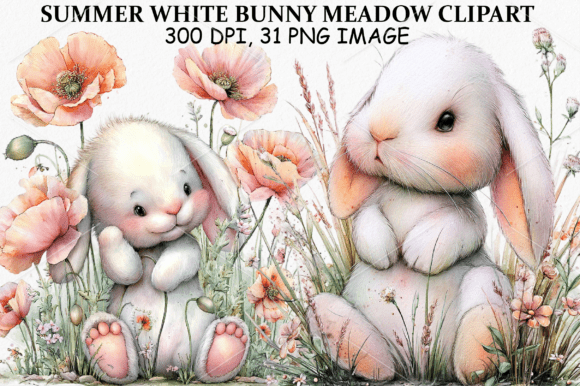Summer White Bunny Meadow Clipart Bundle Graphic by Lazy Panda ...