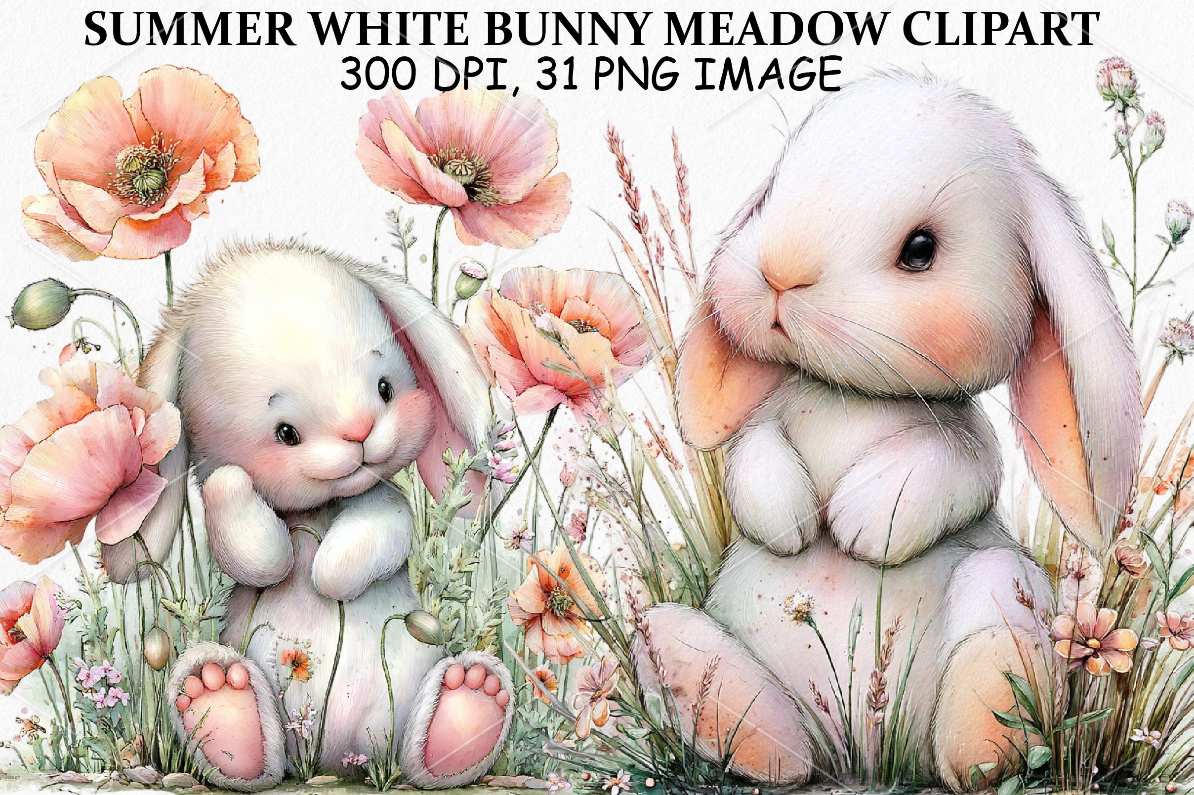 Summer White Bunny Meadow Clipart Bundle Graphic by Lazy Panda ...