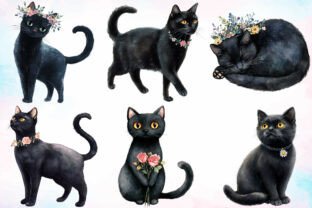 Watercolor Floral Black Cat Clipart Graphic by Lazy Panda · Creative ...