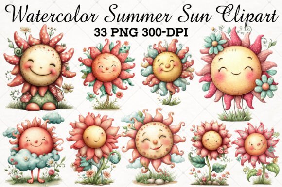 Watercolor Summer Sun Clipart Bundle Graphic by NexaArt · Creative Fabrica