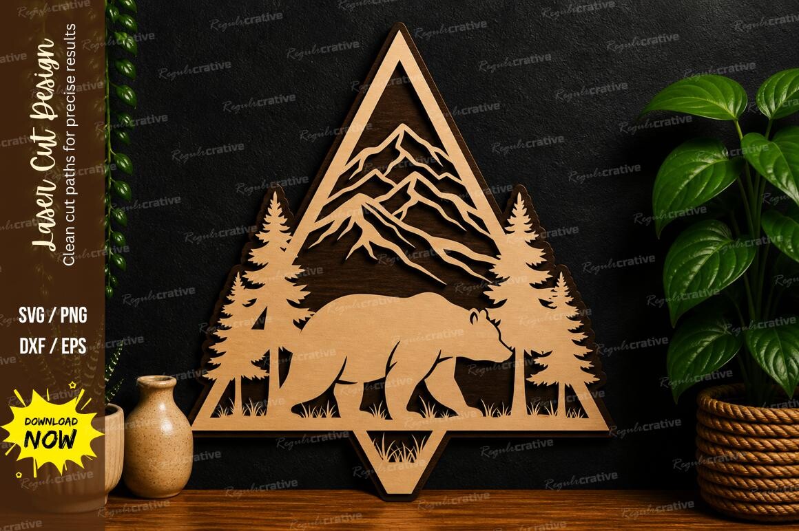 Mountain Bear Scene Laser Cut Svg File · Creative Fabrica