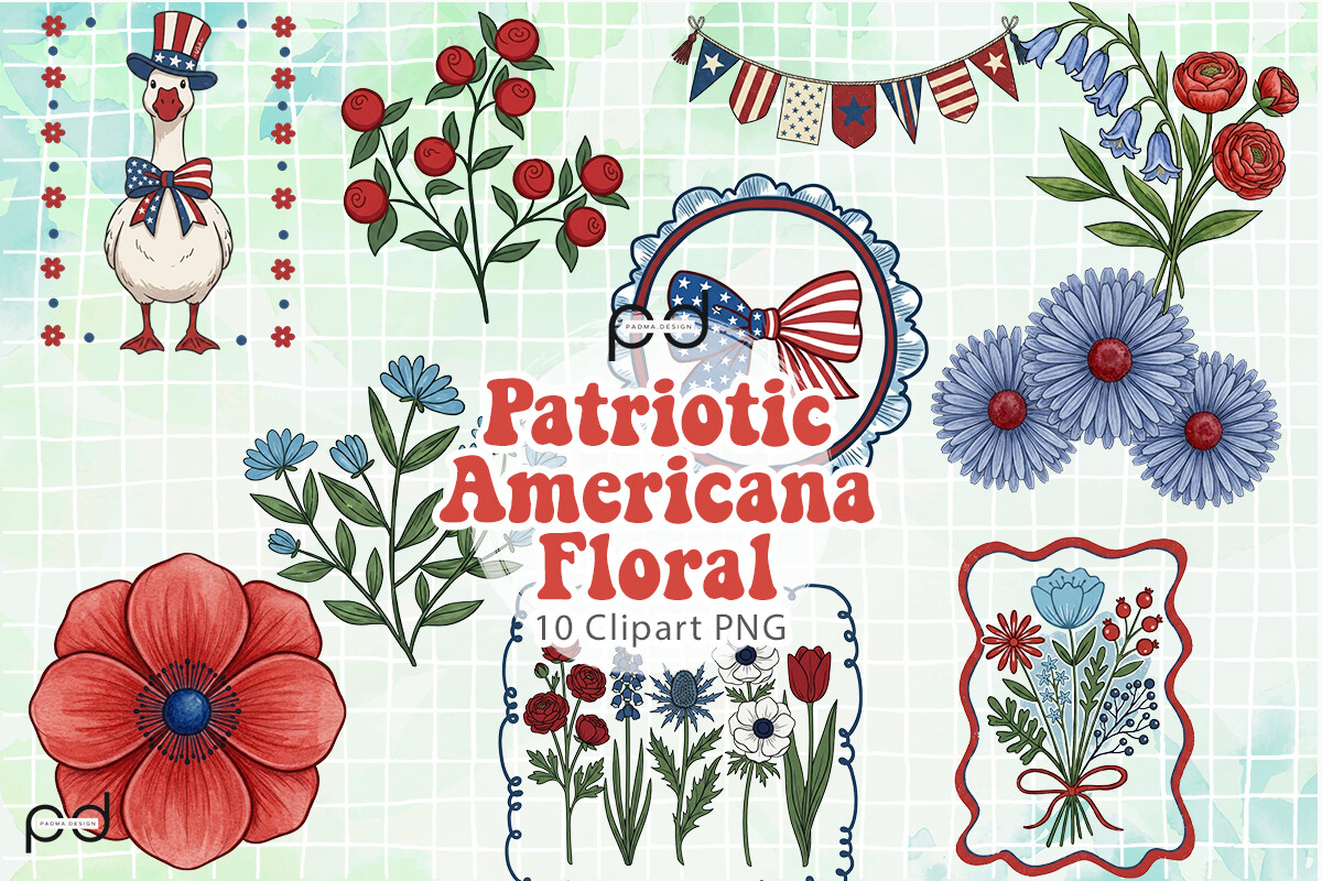 Patriotic Americana Floral Clipart Graphic by Padma.Design · Creative ...