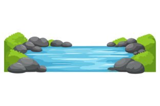 Vector Cartoon Pond with Rocks Graphic by kidsidestudio · Creative Fabrica