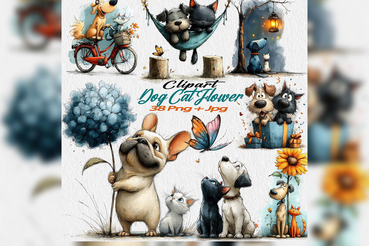 Whimsical Dog Cat Flower Clipart PNG Set Graphic by One-touch ...