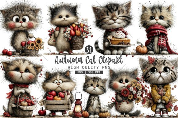 Autumn Cat PNG Clipart Bundle Graphic by RevolutionCraft · Creative Fabrica
