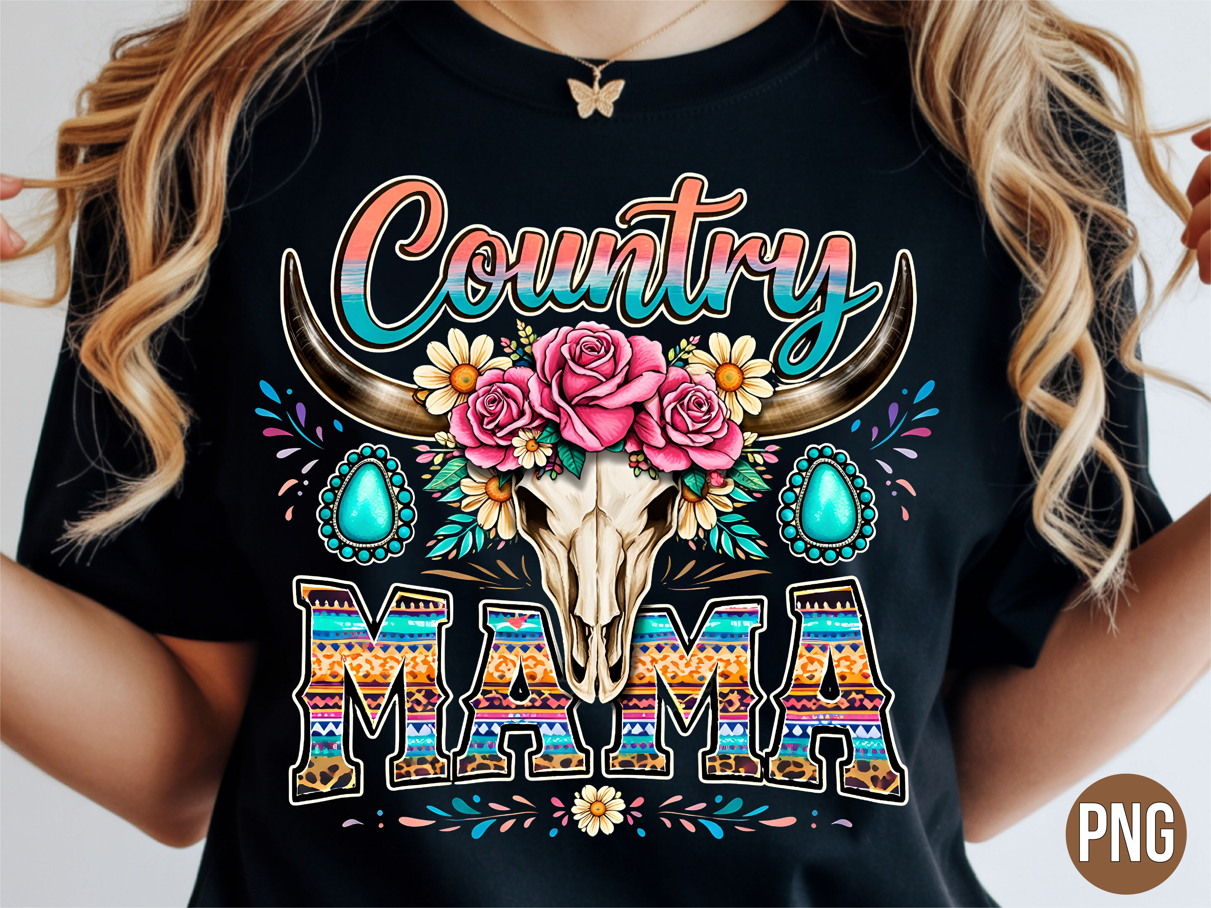 Country Mama Turquoise Cow Skull PNG Graphic by Hello Peeps · Creative ...