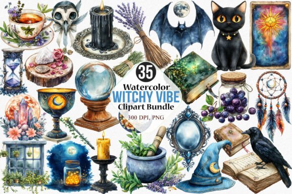 Watercolor Witchy Vibe Clipart Bundle Graphic by Lazy Panda · Creative ...