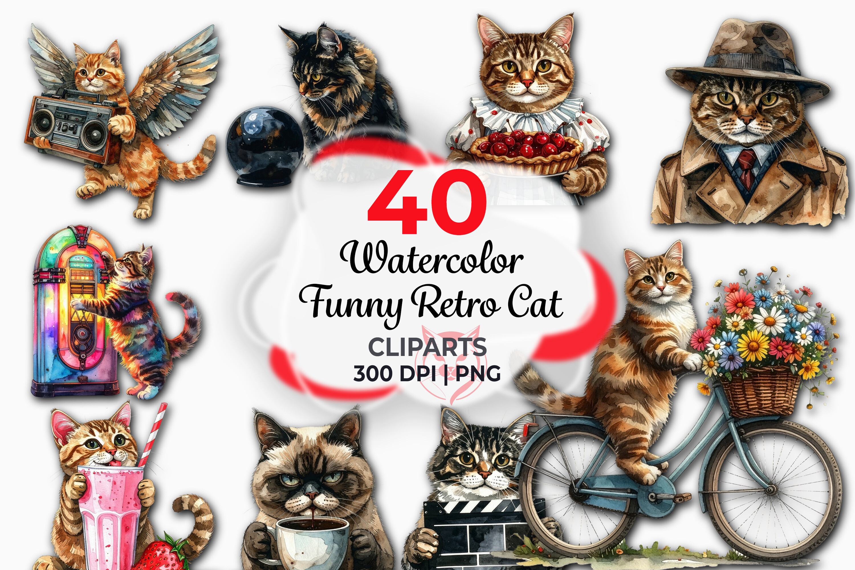 Funny Retro Cat Clipart Bundle Graphic by Redsky Cat · Creative Fabrica