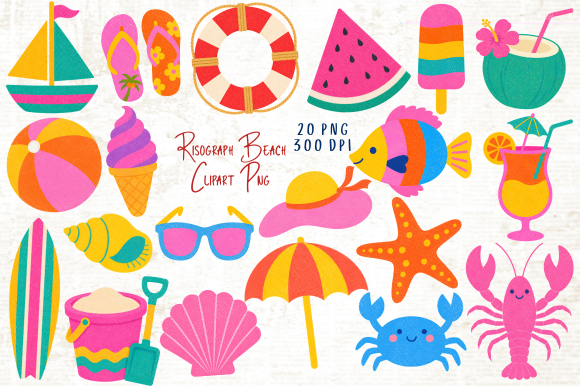 Risograph Beach Clipart PNG Bundle Graphic by Yassou Bouhad · Creative ...