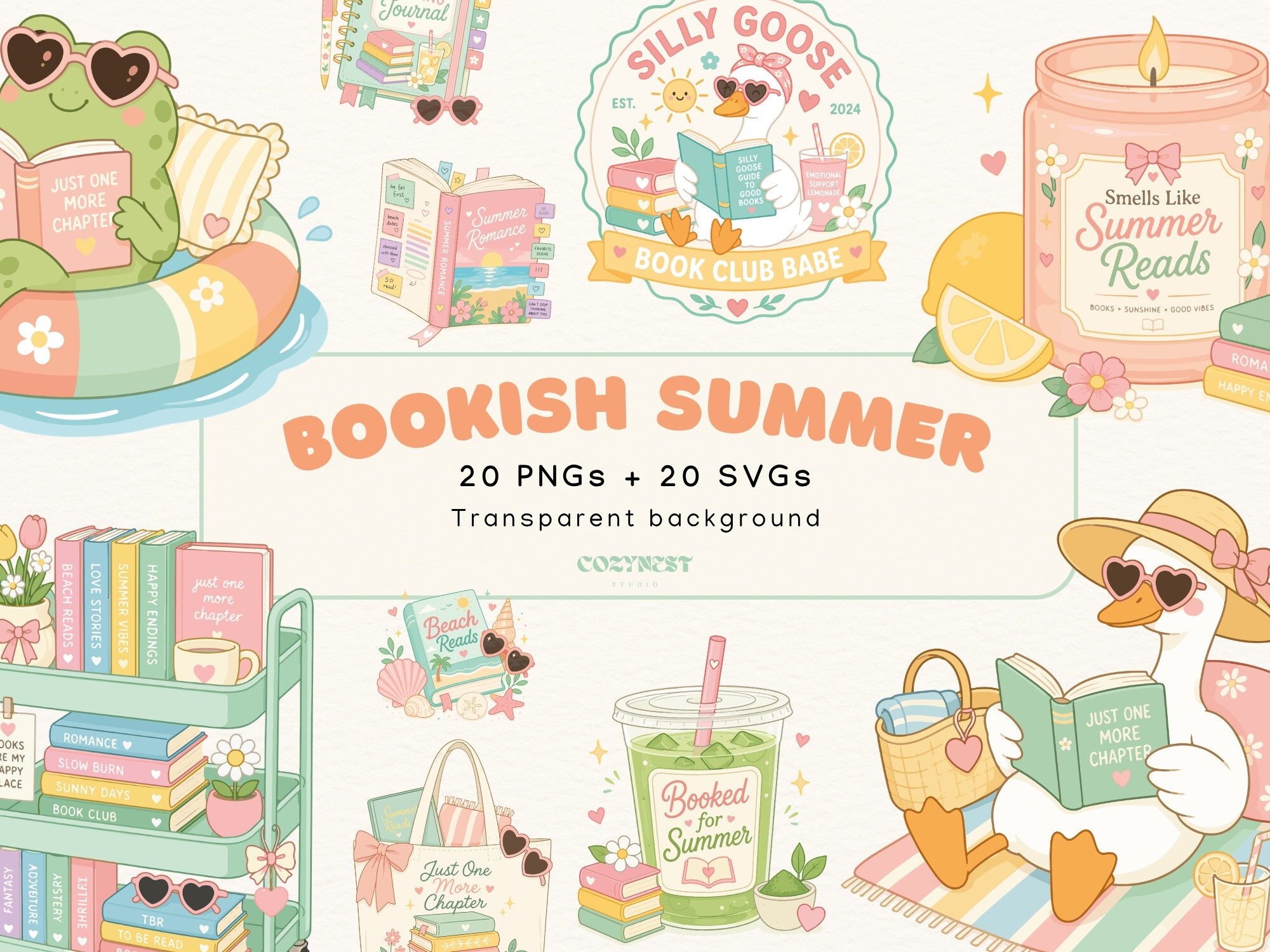 Bookish Summer Cliparts Cute Reading PNG Graphic by CozyNest Studio ...