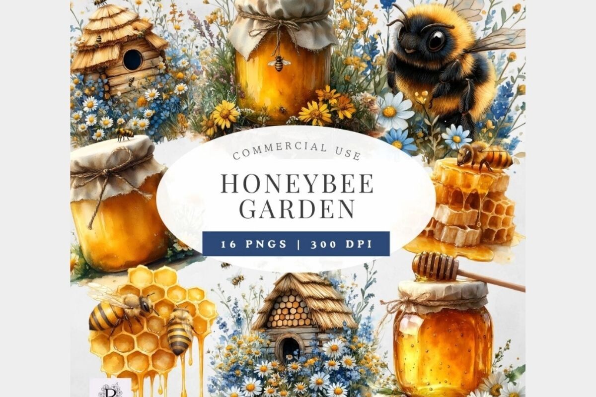 Honeybee Garden Watercolor Clipart Set Graphic by Whimsy and Blossoms ...