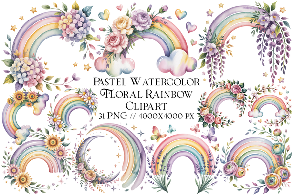 Pastel Watercolor Floral Rainbow Clipart Graphic by Phoenixvect ...