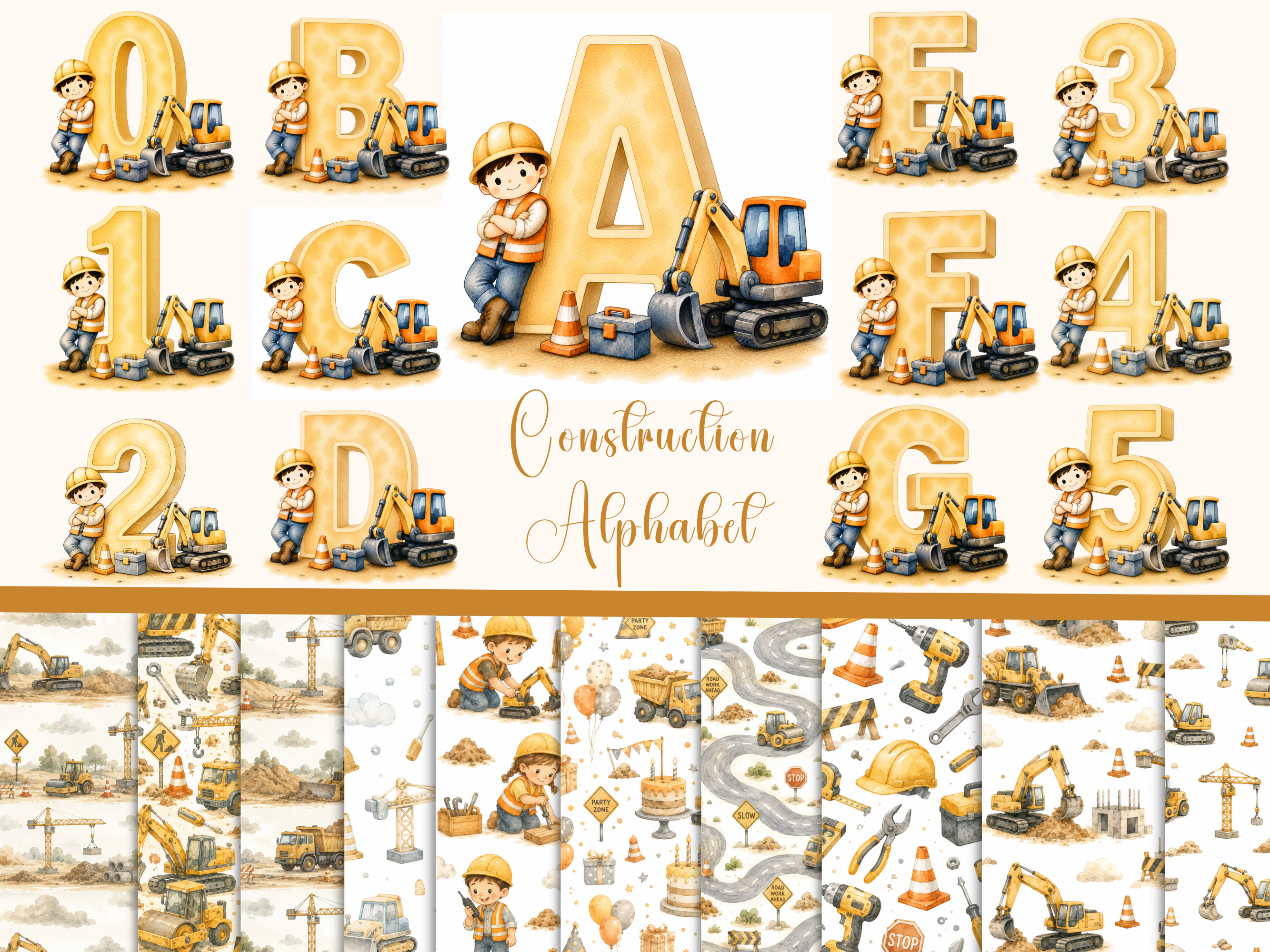 Watercolor Construction Alphabet Clipart Graphic by Andreea Eremia ...