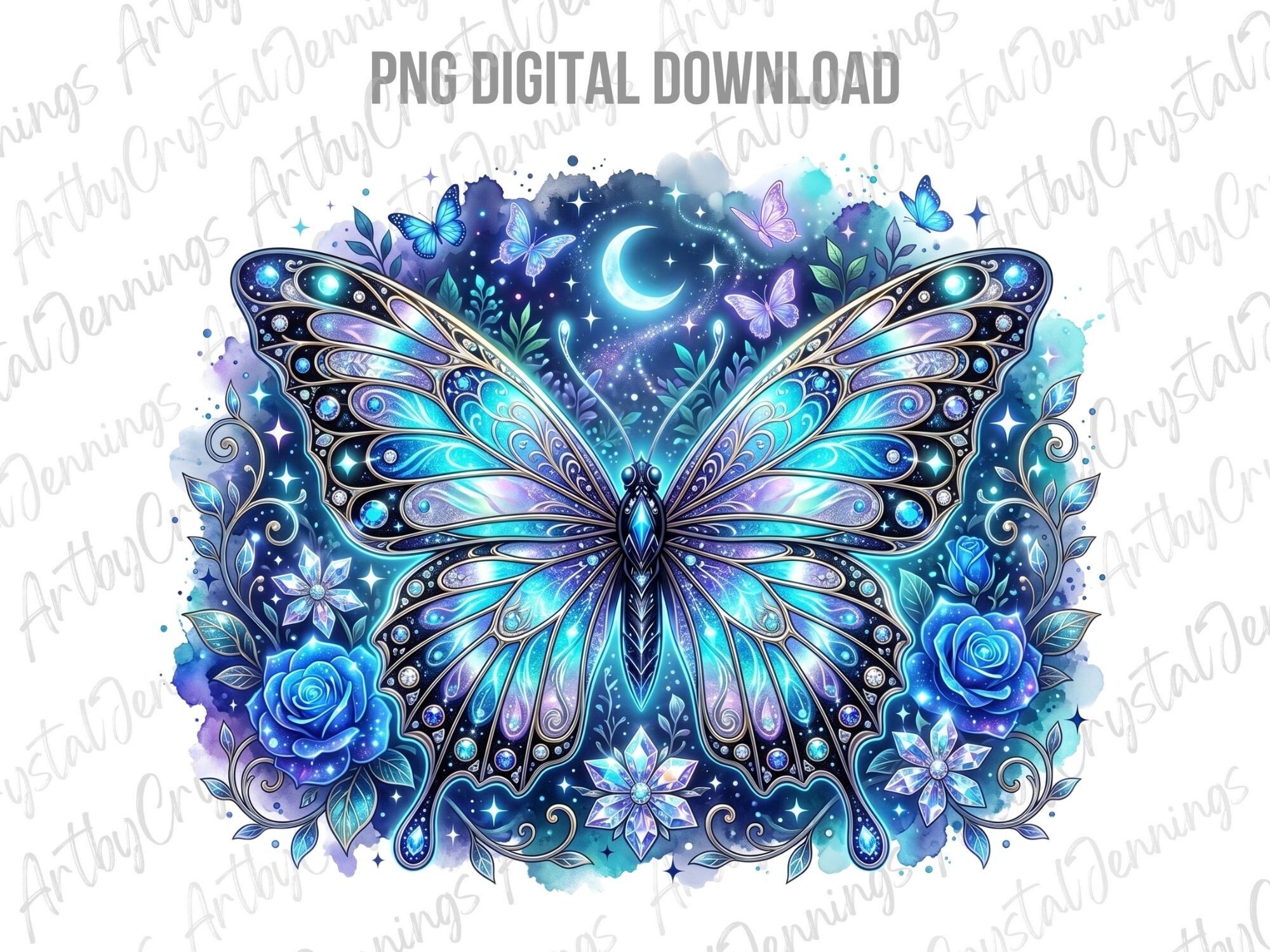 Floral Celestial Blue Butterfly PNG Graphic by ArtbyCrystalJennings ...